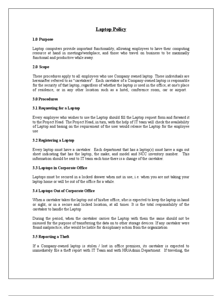 Laptop Policy | PDF | Laptop | Employment