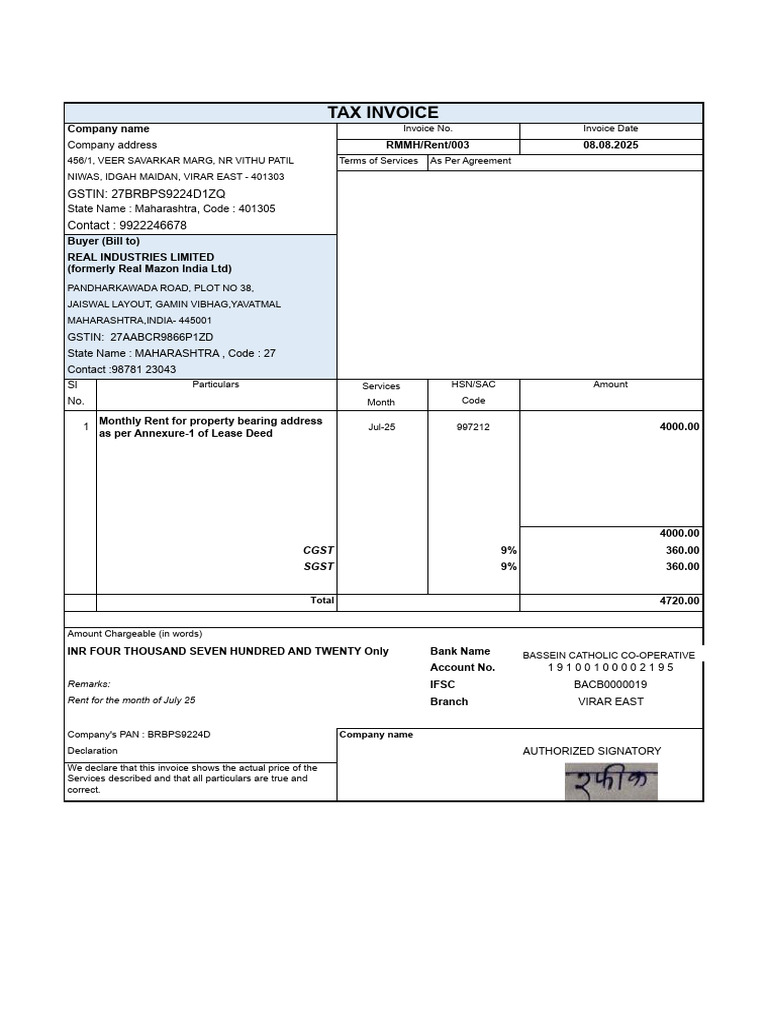 Tax Invoice for July 2025 Rent Payment | PDF | Business Documents ...