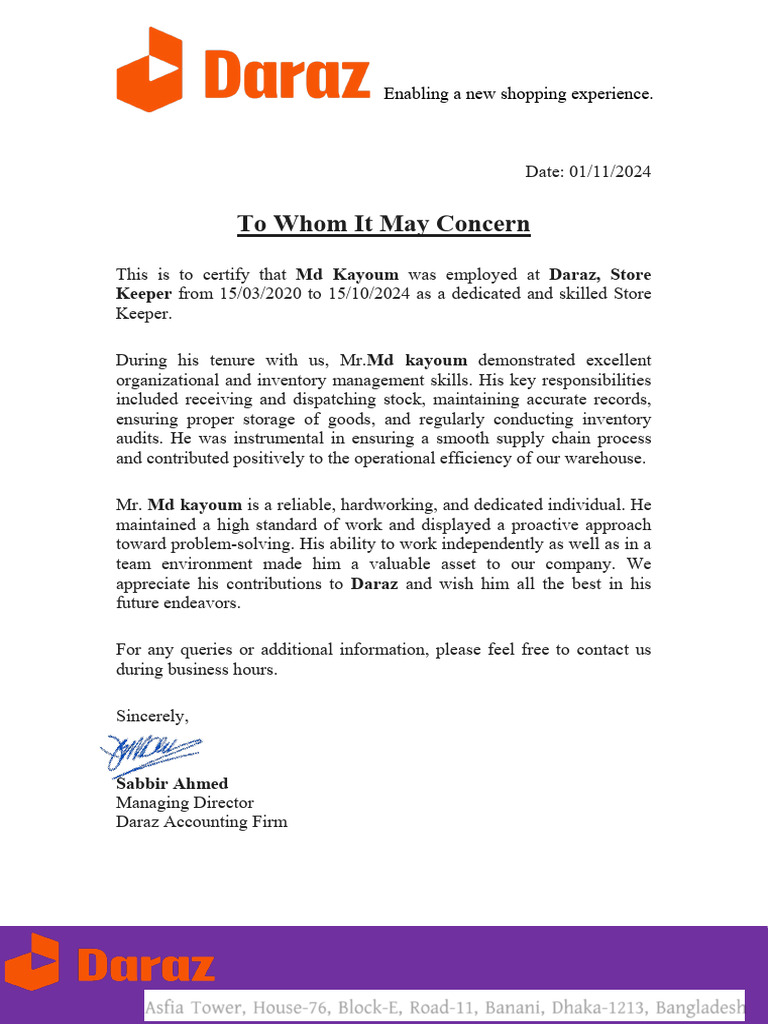 Store Keeper Experience Certificate | PDF