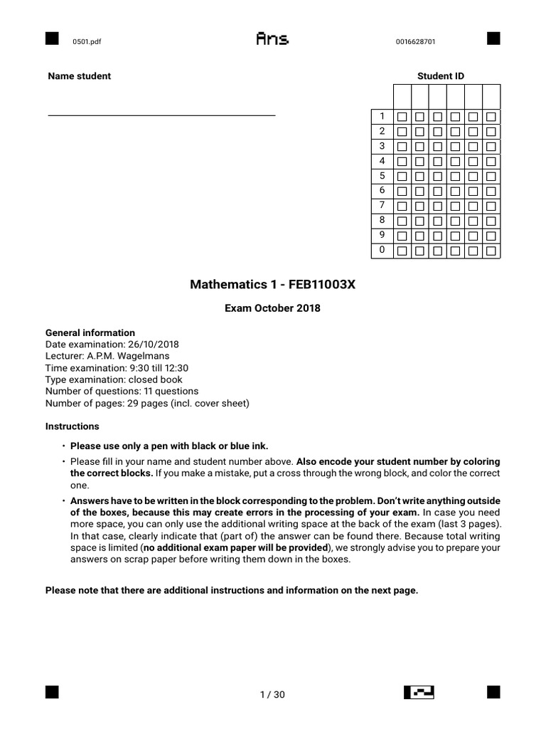 Mathematics 1 Exam October 2018 | PDF