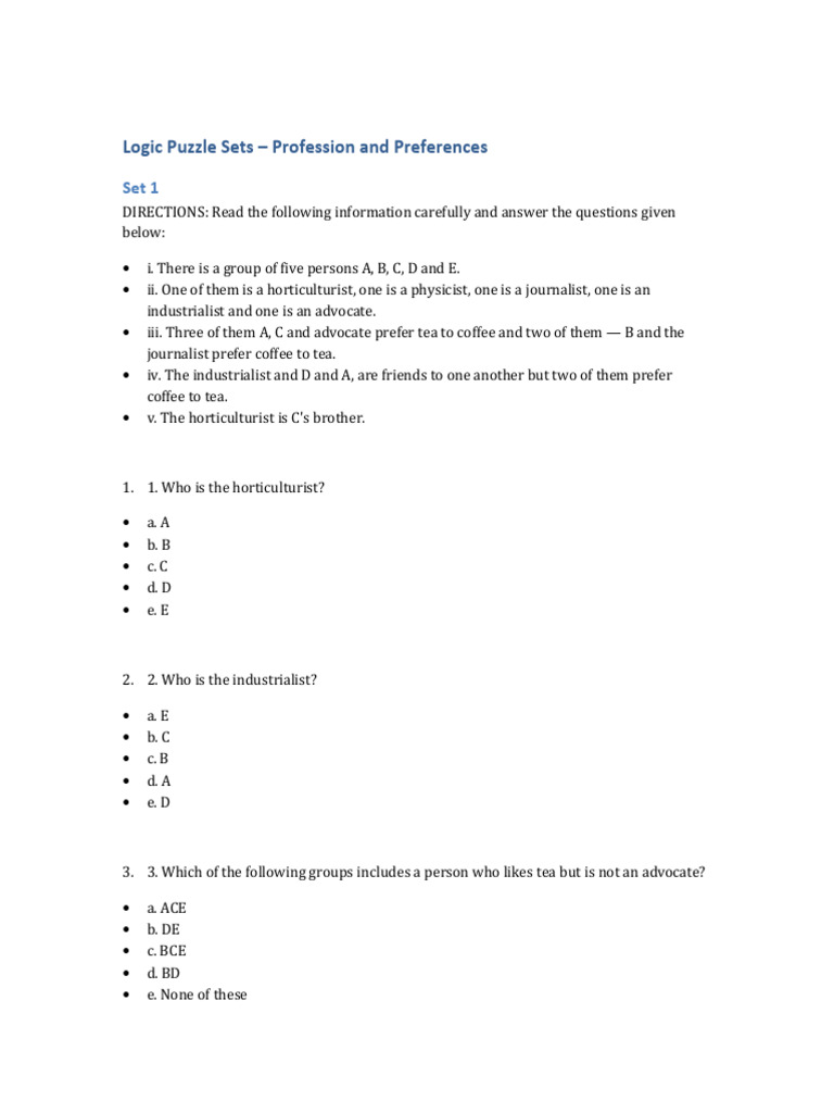 Logic Puzzles: Professions and Preferences | PDF | Chess Openings | Chess