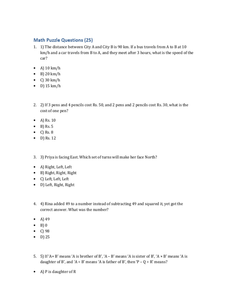 25 Challenging Math Puzzle Questions | PDF