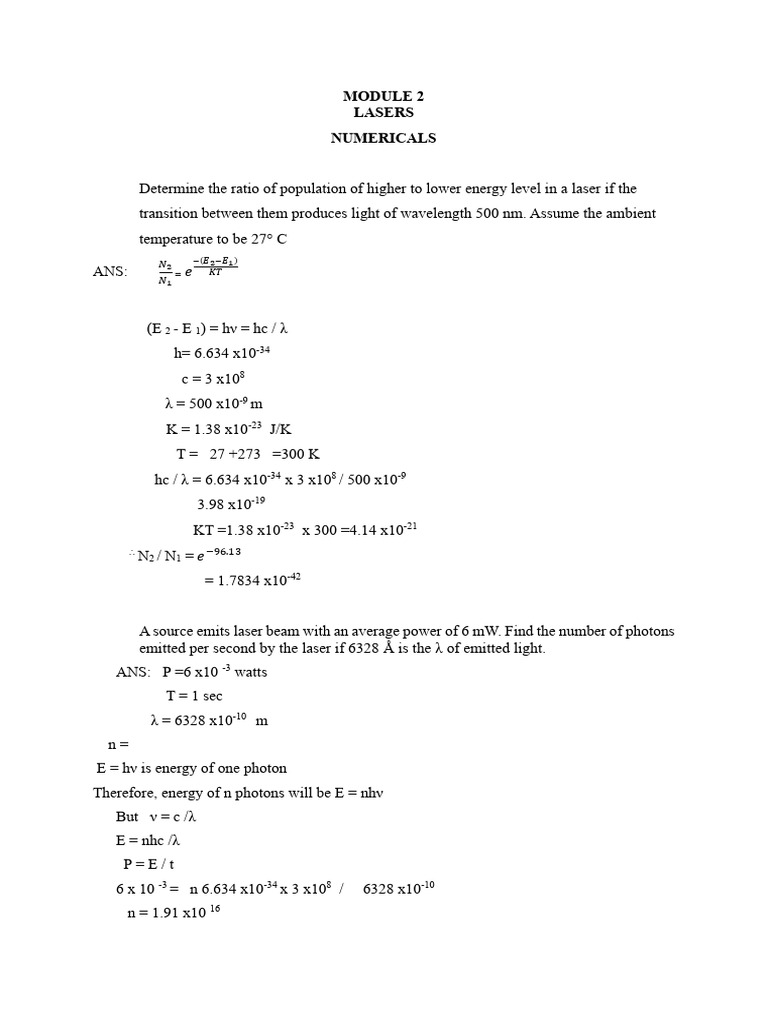 Laser Energy Calculations and Analysis | PDF | Laser | Photon