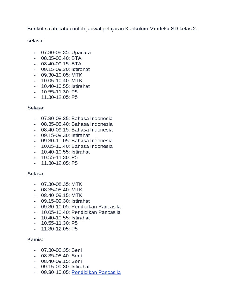 Jadwal Pelajaran Kurikulum Merdeka SD Kelas 2 SD | PDF