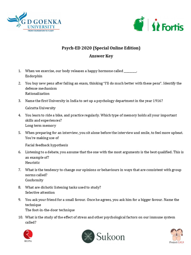 Psych-ED 2020 Answer Key Overview | PDF | Psychology | Mental Disorder