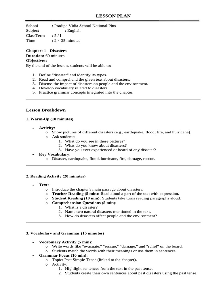 English Lesson Plan: Disasters & Grammar | PDF | Volcano | Reading ...
