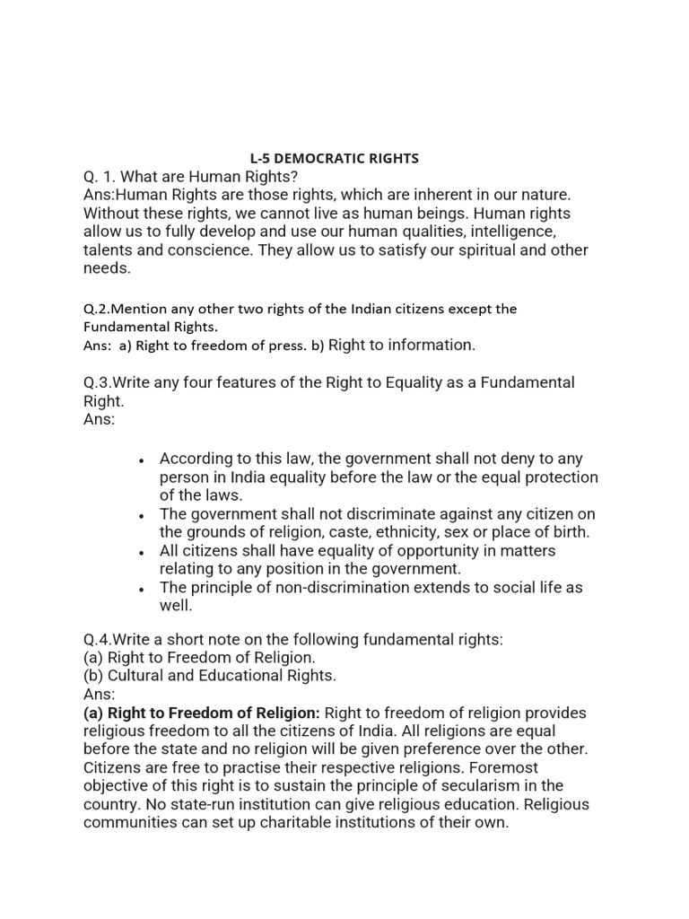 Class 9 Civics L-5 Democratic Rights | PDF | Democracy | Political ...