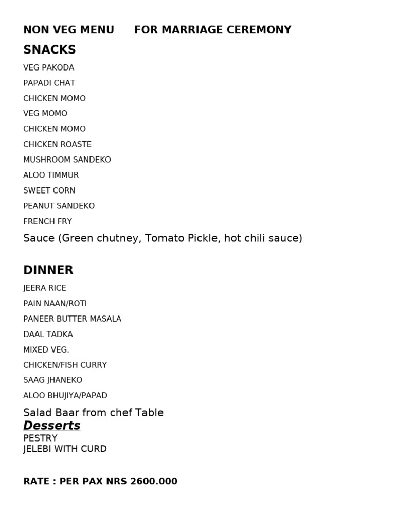 Non Veg Menu For Indian | PDF
