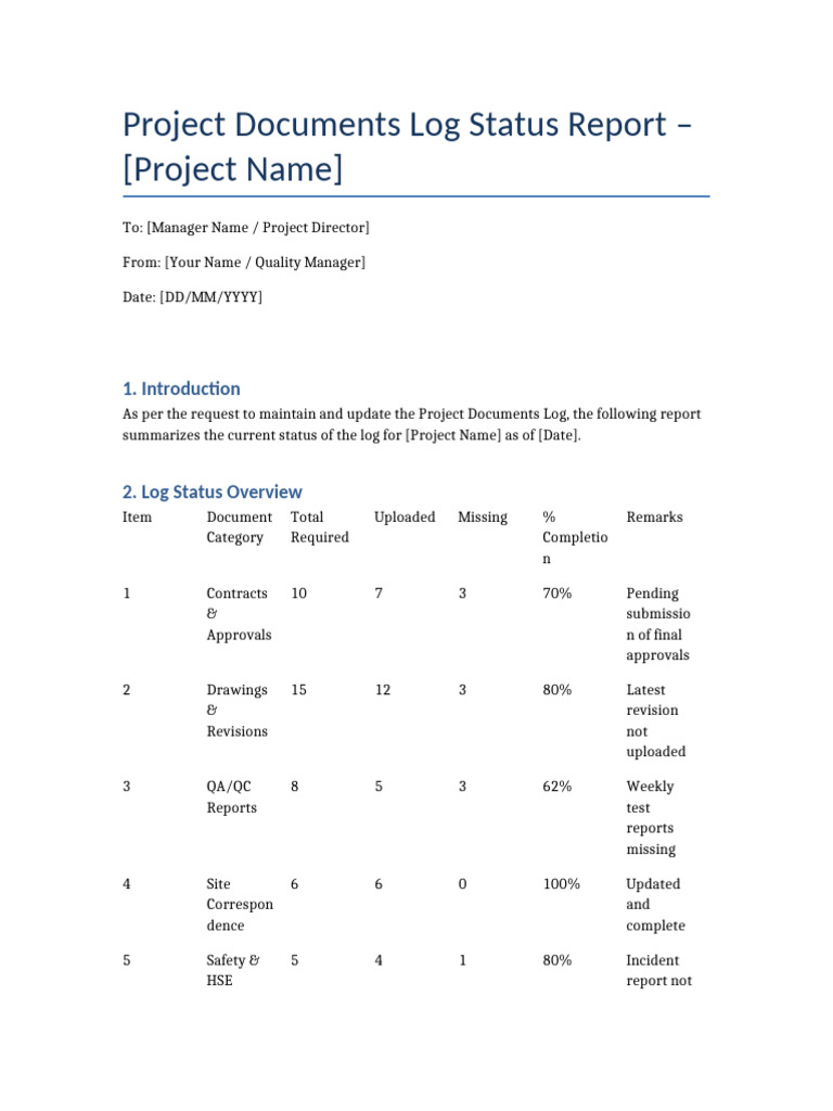 Project Documents Log Status Report | PDF