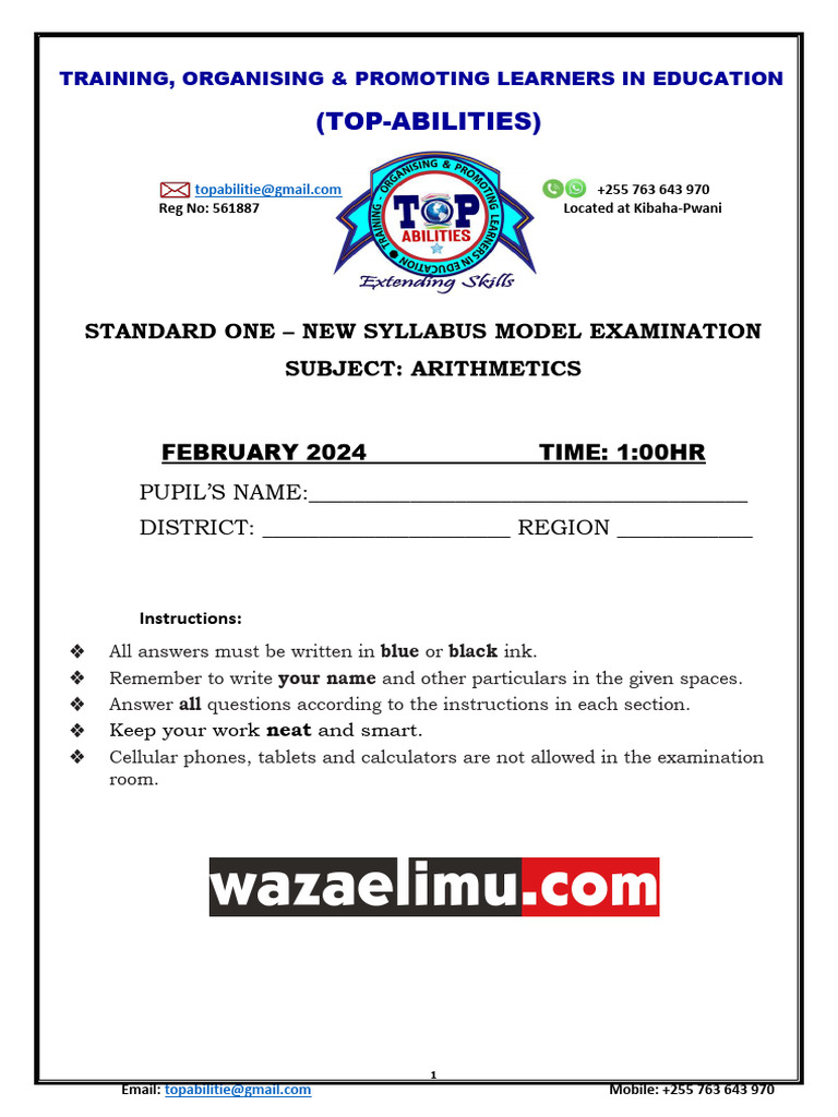 Standard One Model Exam Papers | PDF