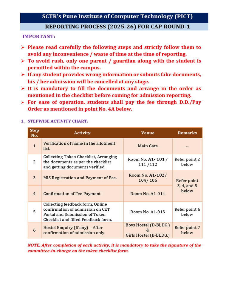 PICT Admission Reporting Process 2025-26 | PDF