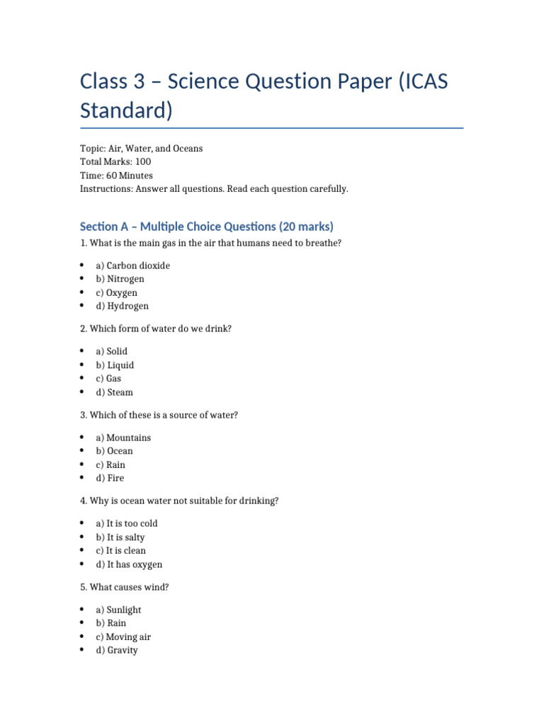 Class3 Science Air Water Oceans QuestionPaper | PDF