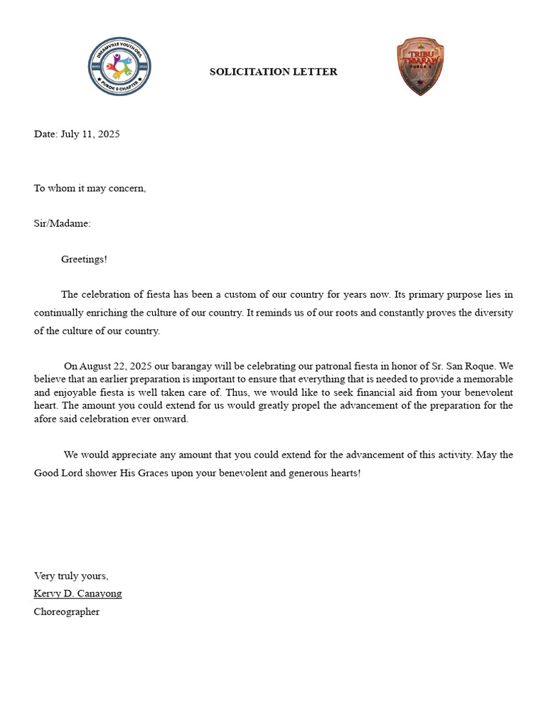 Barangay Fiesta Solicitation Letter | PDF