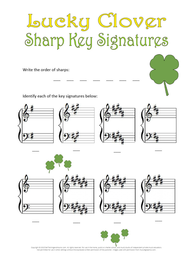 Music Theory Worksheet For ST Patricks Day Lucky Clover Key Signature | PDF