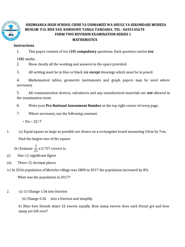 Form Two Mathematics Revision Exam | PDF | Arithmetic | Mathematics