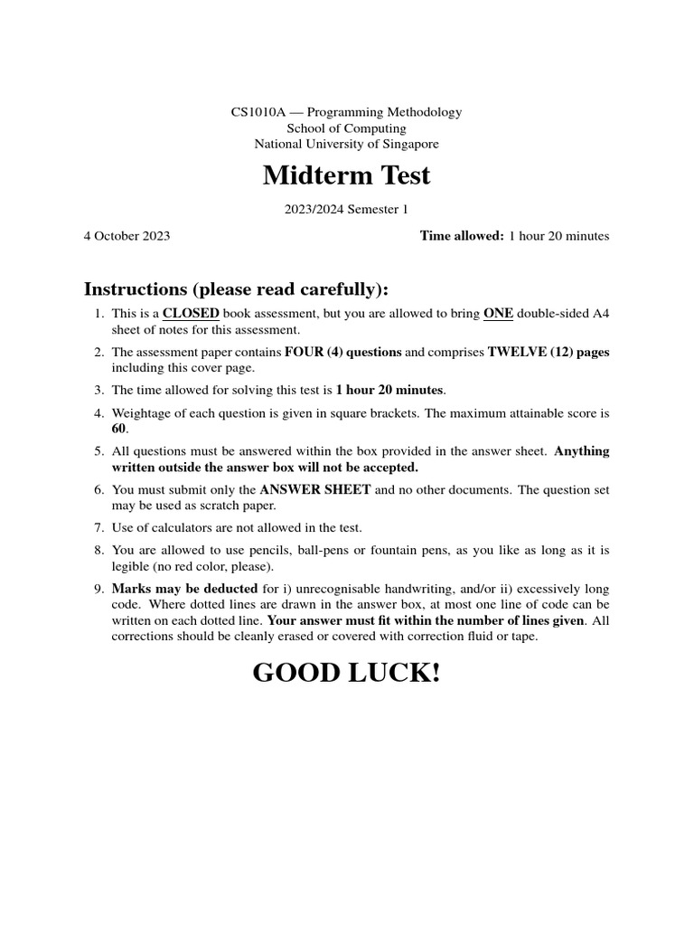 CS1010A Midterm Test Instructions | PDF | Anonymous Function | Computer ...