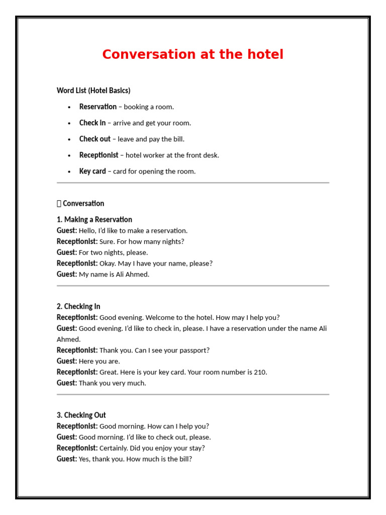 Hotel Receptionist Conversation Guide | PDF