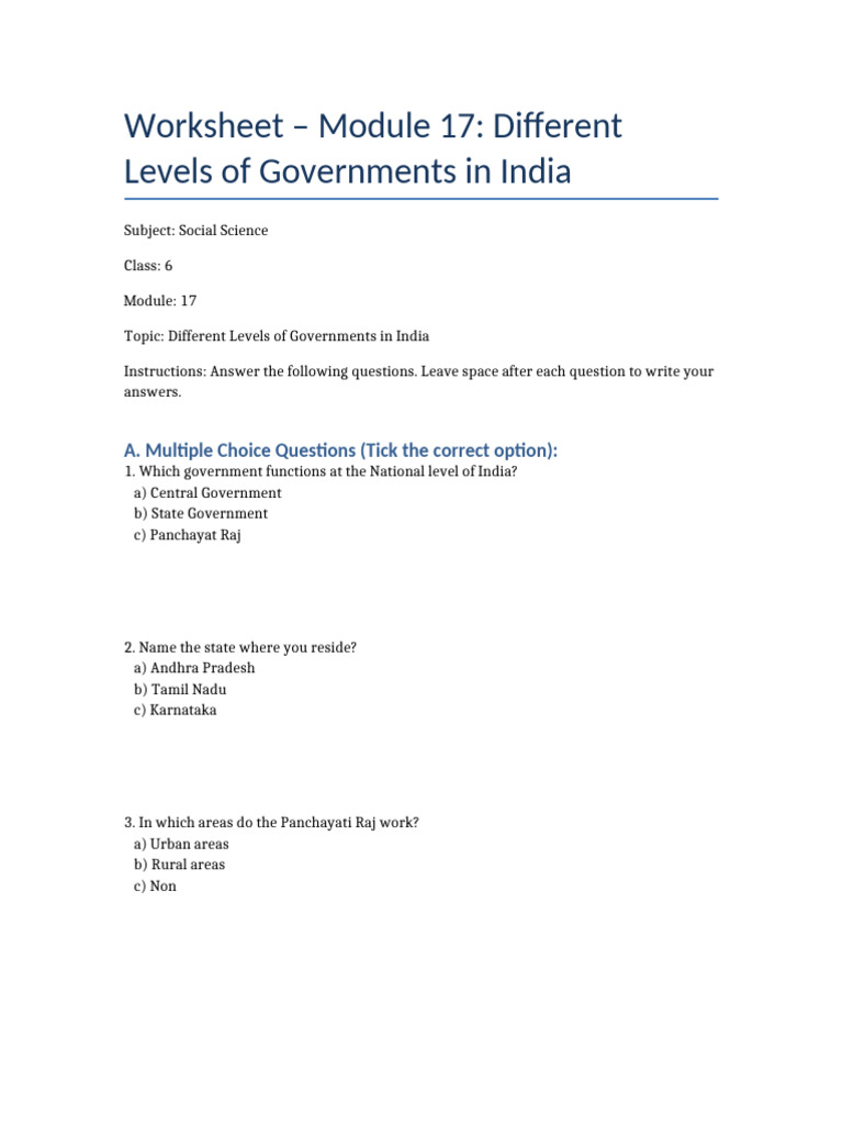 Levels of Government in India Worksheet | PDF