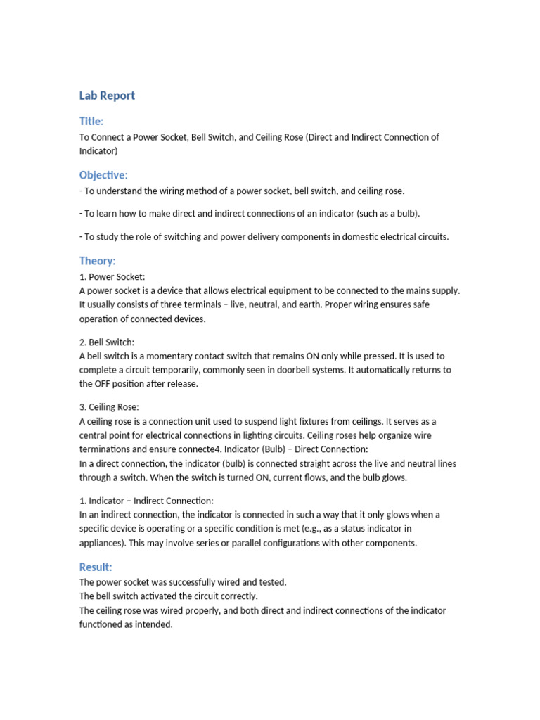 Wiring Lab: Power Socket & Ceiling Rose | PDF | Switch | Electrical ...
