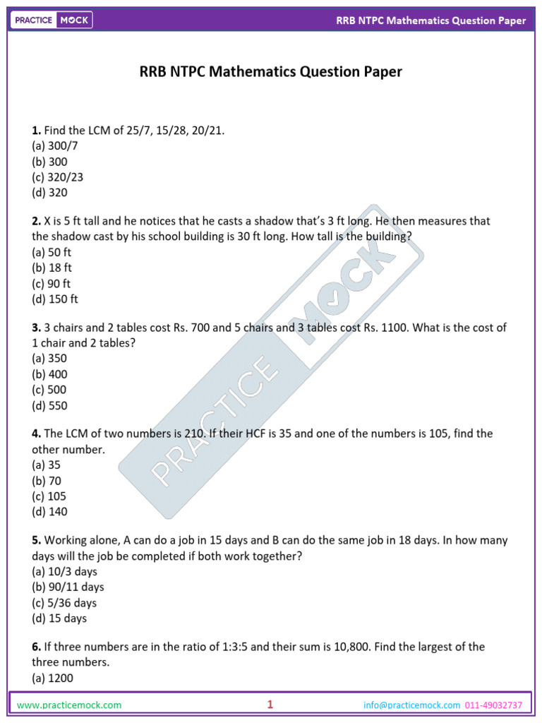 RRB NTPC Mathematics Question Paper | PDF | Interest | Ladder