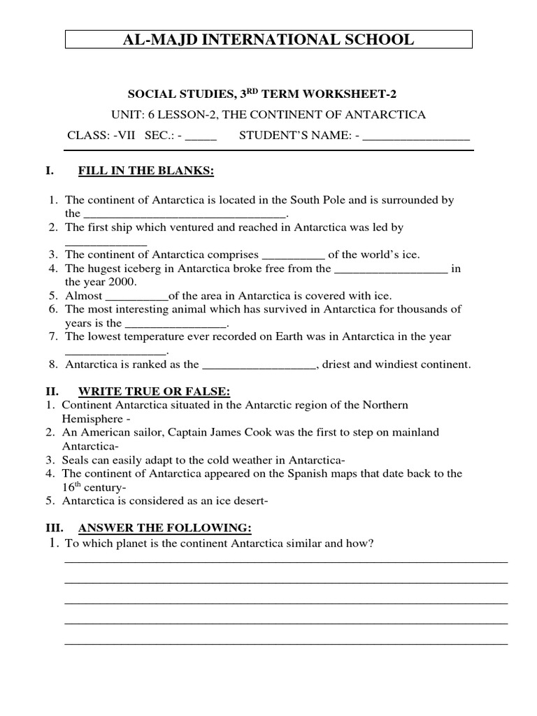 Term-3 Worksheet-2 G-7, L - The Continent of Antarctica | PDF ...