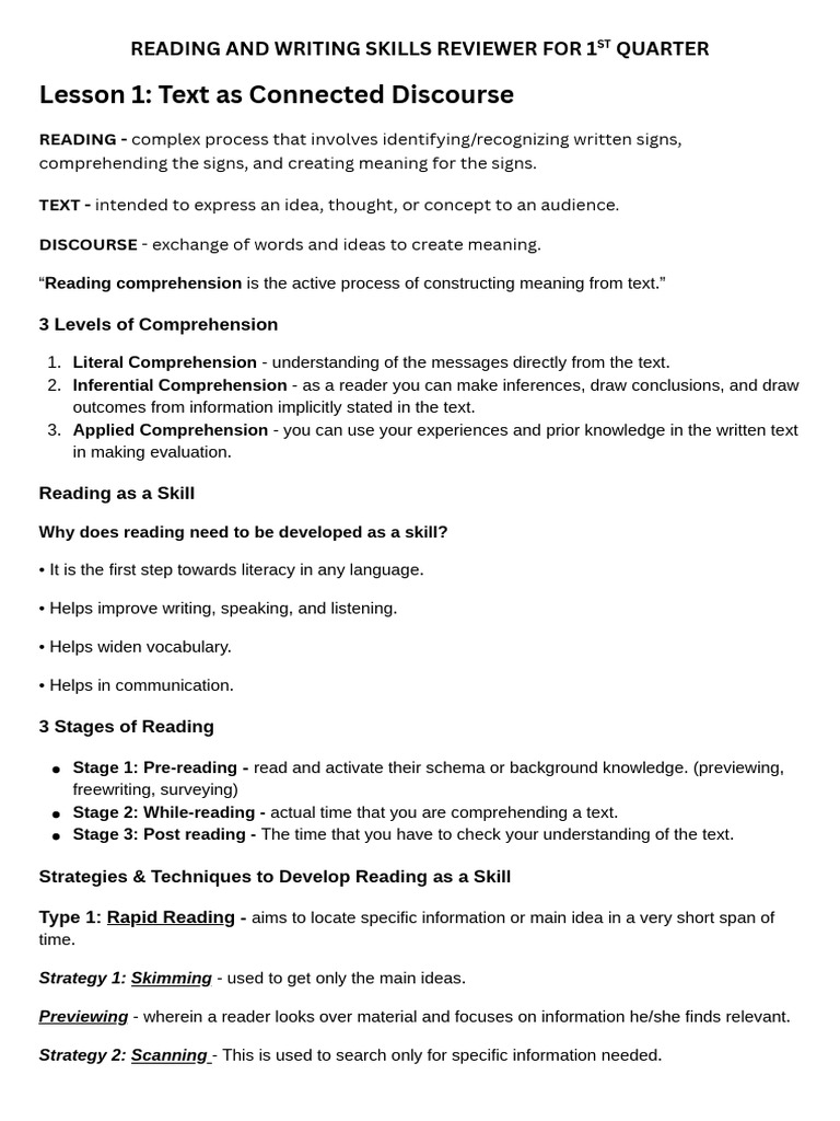 Rws Reviewer 1st q. | PDF | Reading Comprehension | Semantics