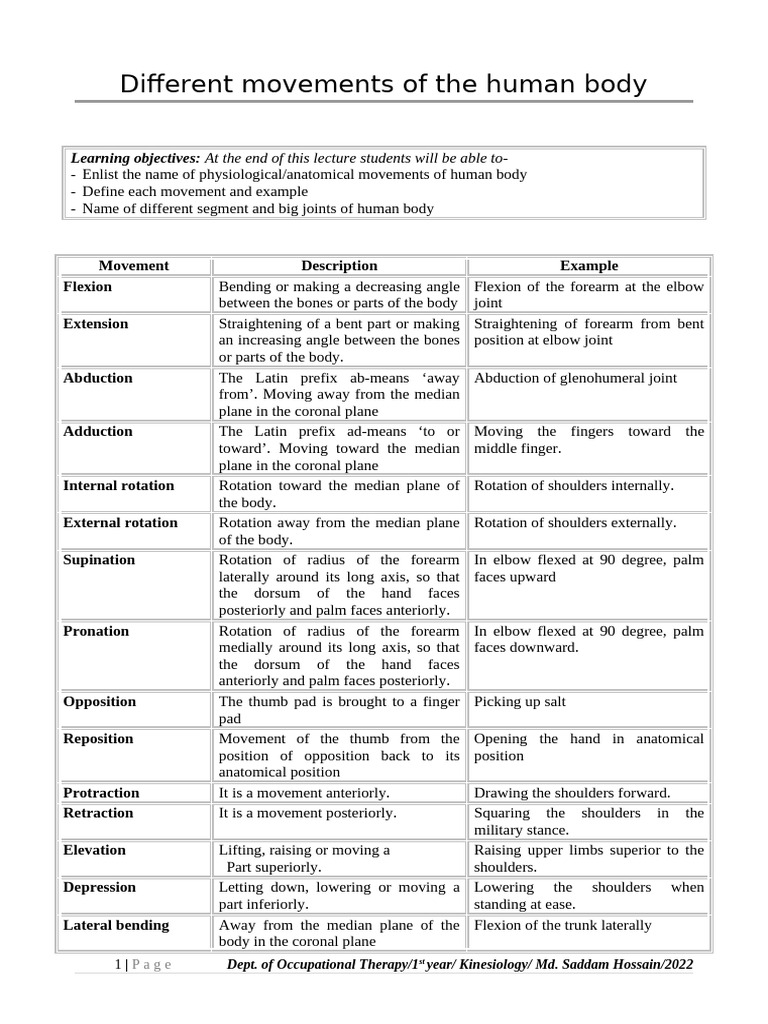 Human Body Movements Explained | PDF | Anatomical Terms Of Motion ...