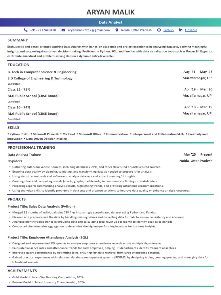 Aryan Malik Analyst Resume | PDF | Data Analysis | Data