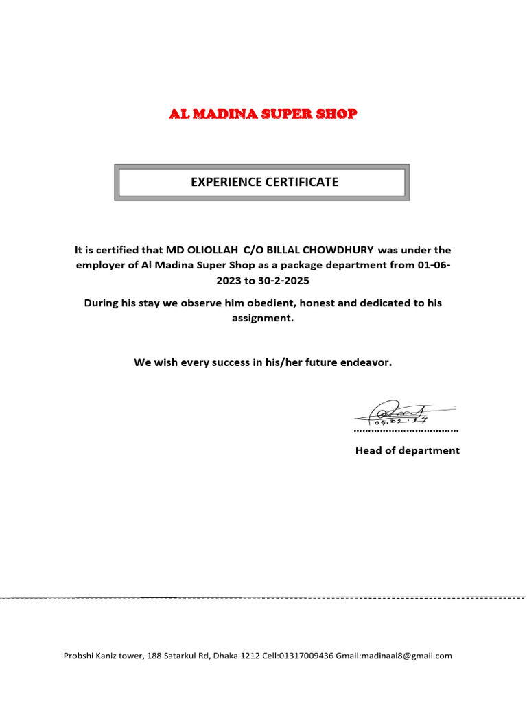 Exp Certificate MD OLIOLLAH | PDF