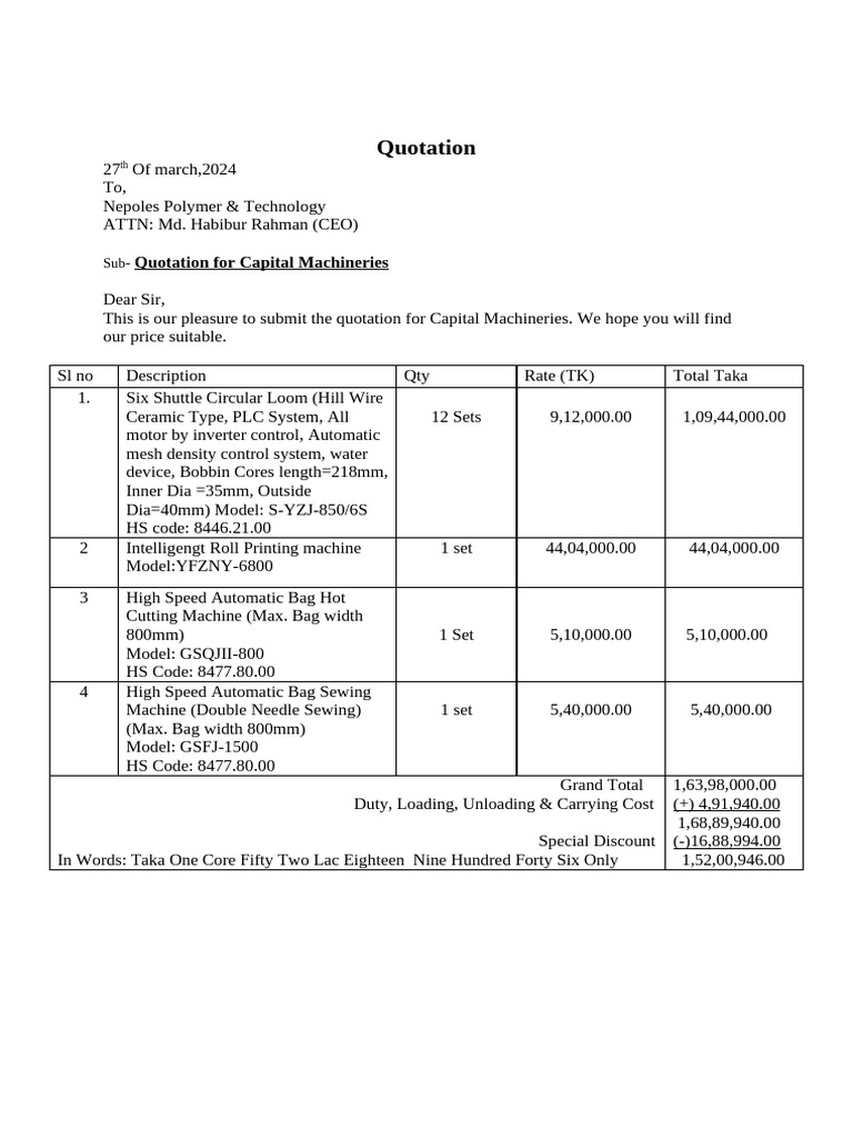 Quotation for Capital Machineries | PDF