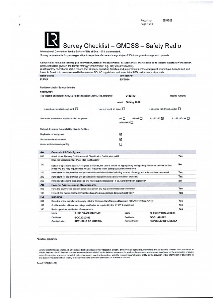LR GMDSS Survey Checklist - Sample | PDF