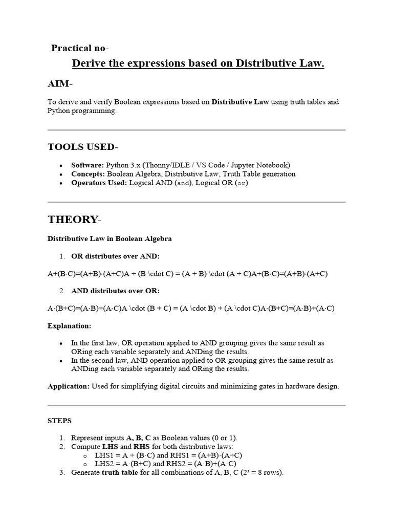 Verifying Distributive Law in Boolean Algebra | PDF | Boolean Algebra ...