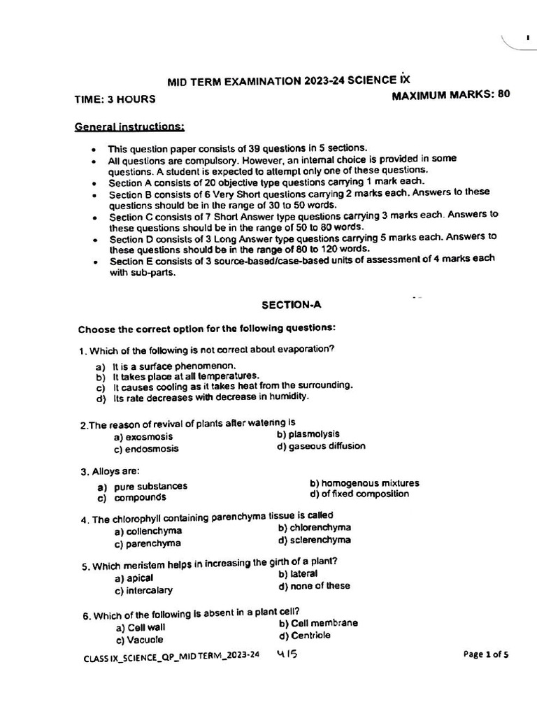 Science Question Paper 2023-2024 | PDF