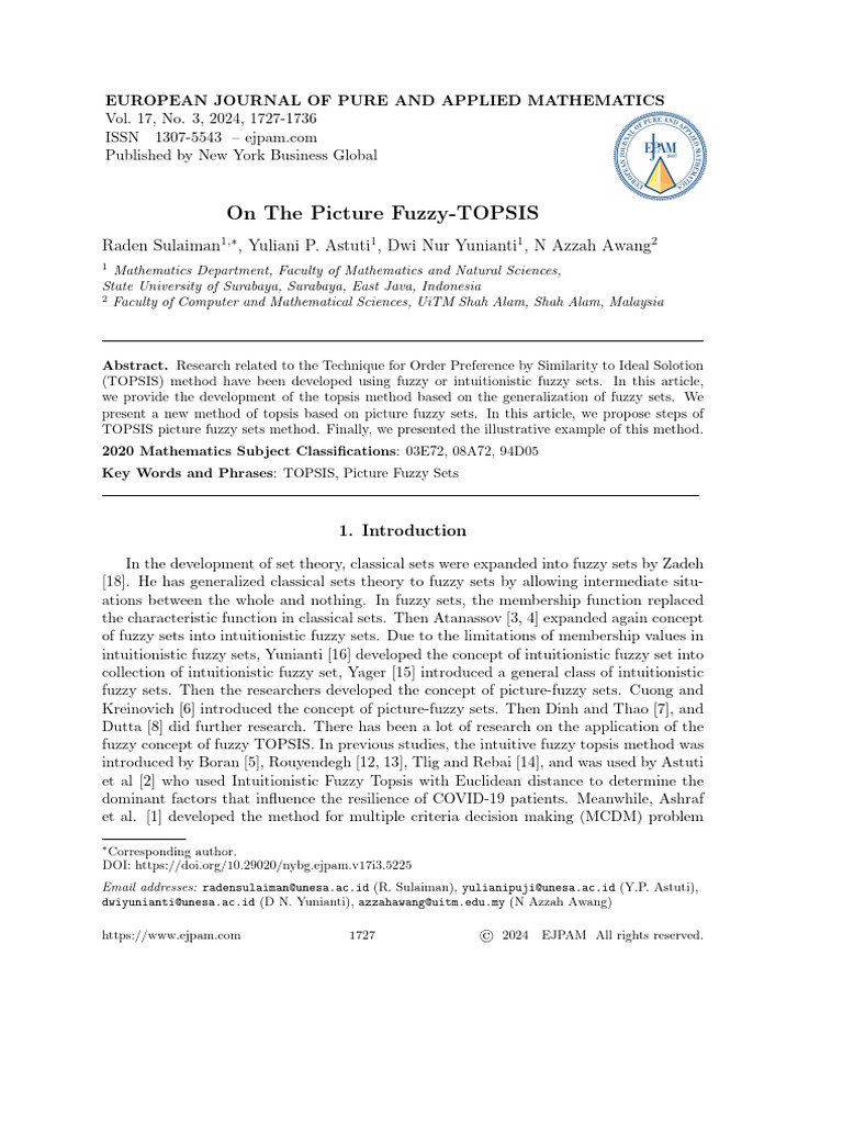 On The Picture Fuzzy-ToPSIS Method | PDF | Fuzzy Logic | Mathematical Logic