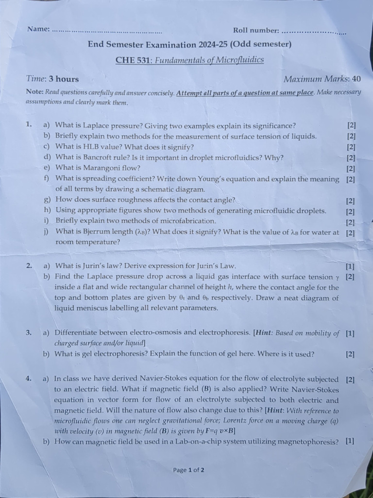 Microfluidics End Sem QP | PDF | Electrophoresis | Applied And Interdisciplinary Physics