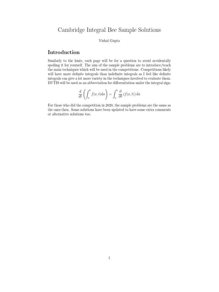 Cambridge Integration Bee Solutions | PDF | Functions And Mappings ...
