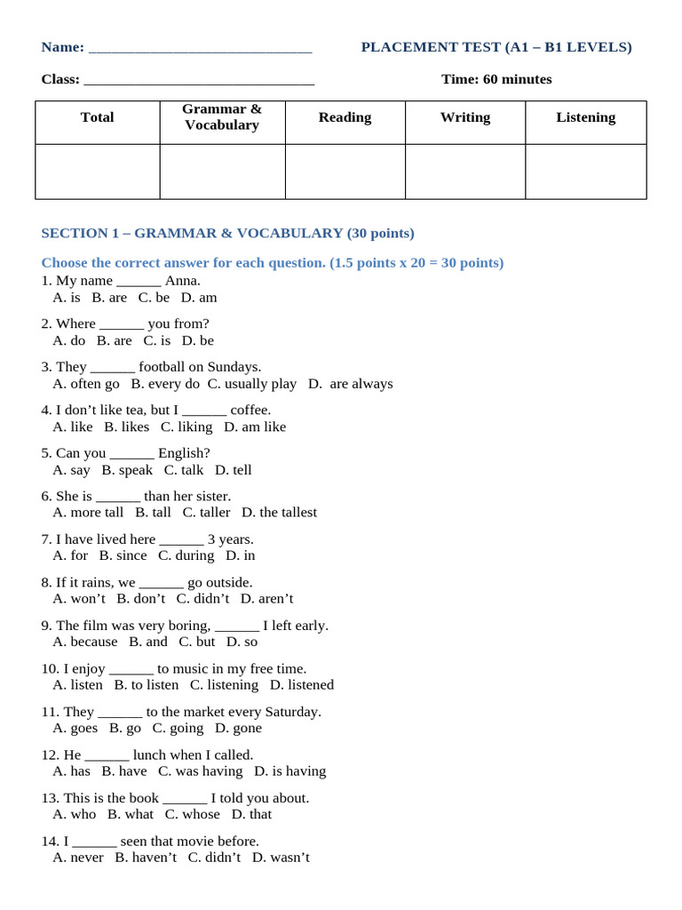 Placement Test A1 B1 Full English | PDF | Tourism | Mental Health