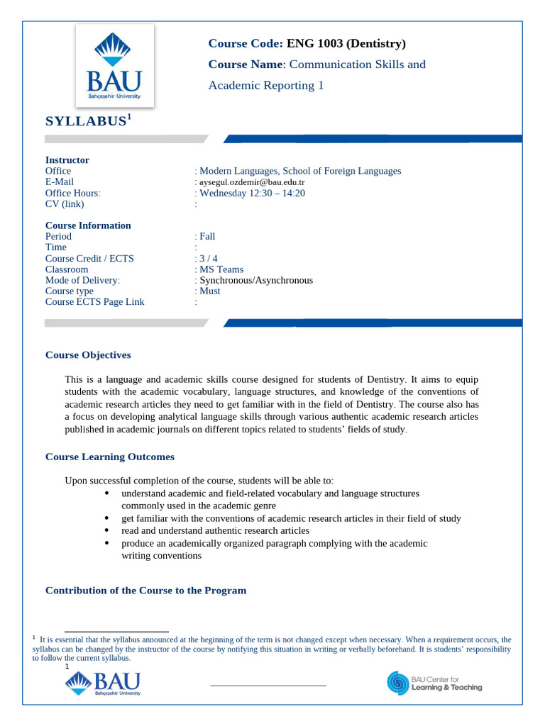 24 25 Fall ENG1003 Dentistry Course Syllabus | PDF | Analysis | Plagiarism