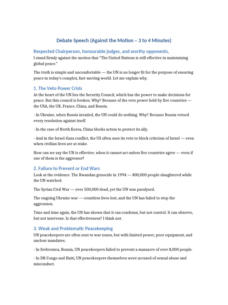 UN Debate Speech Against | PDF | United Nations | International Relations