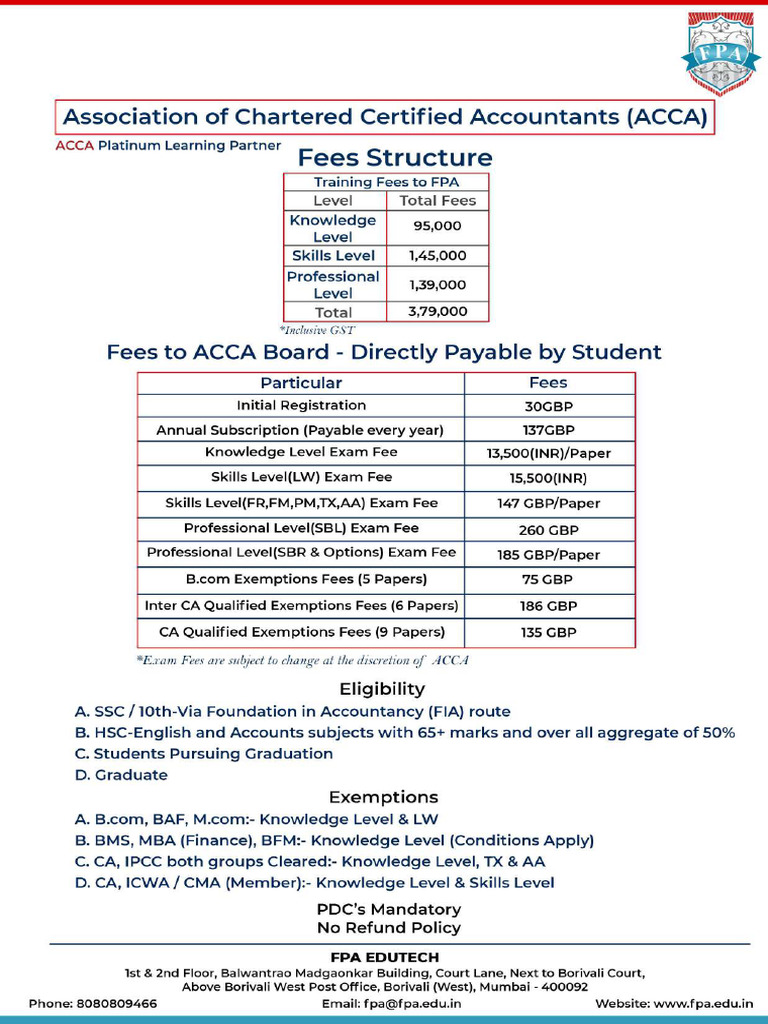 ACCA Fees Structure (Apr - Mar 2025 - 2026) Updated | PDF