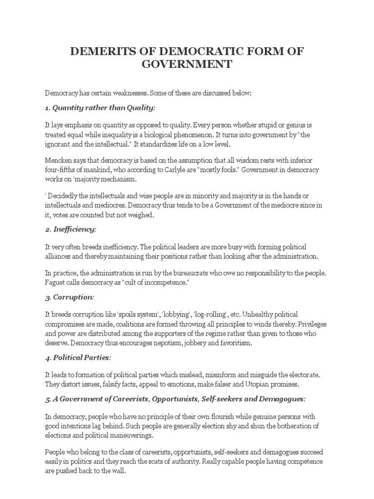 Demerits of Democratic Form of Government | PDF | Democracy | Political ...