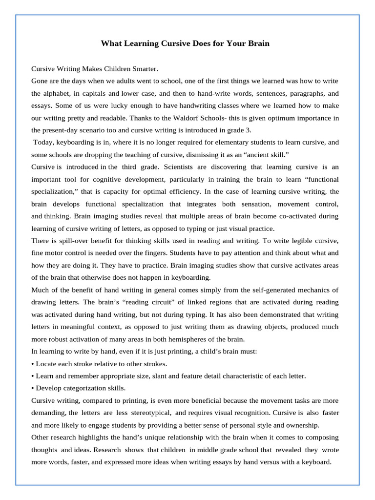 Benefits of Cursive Writing in Learning | PDF | Cognitive Science ...