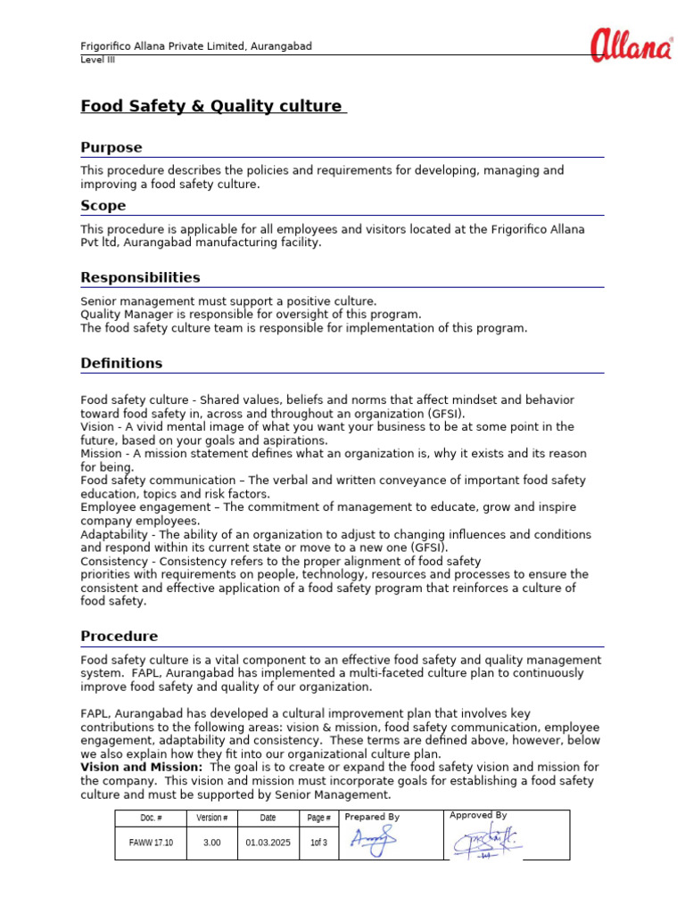 Food Safety Culture Procedure | PDF | Safety | Food Safety