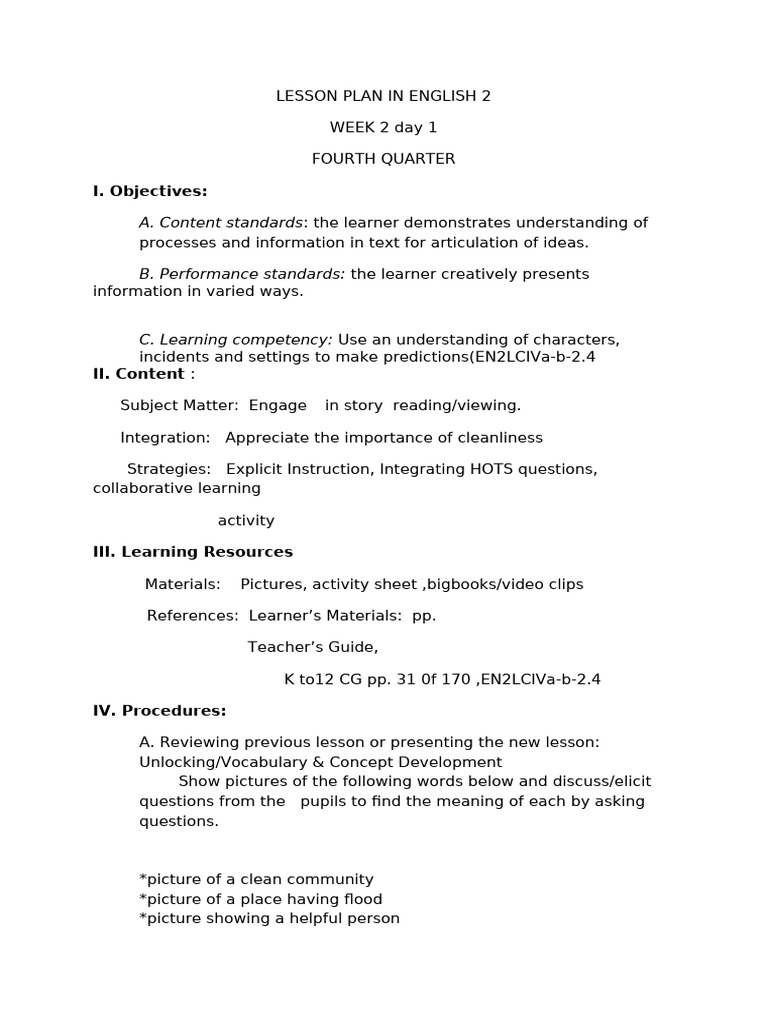 English 2 Lesson Plan: Week 2 Activities | PDF | Learning | Lesson Plan