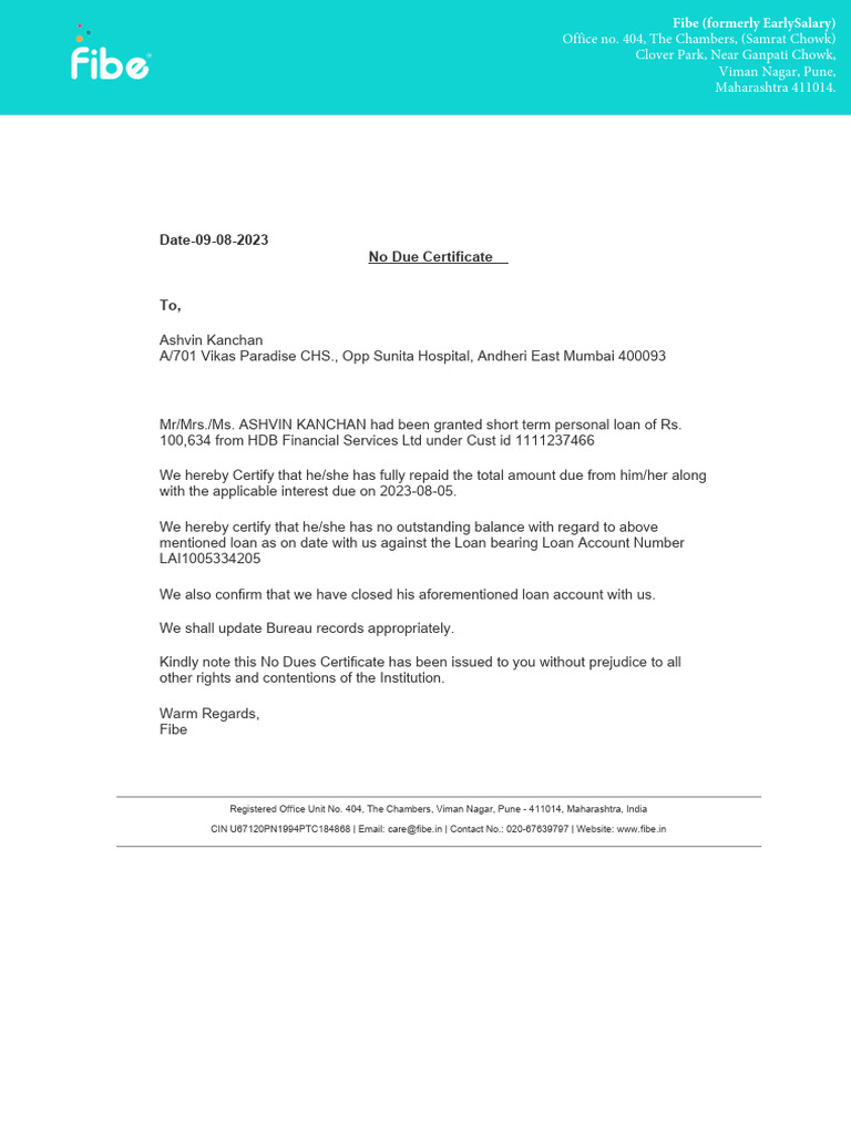 FIBE NO DUE CERTIFICATE | PDF