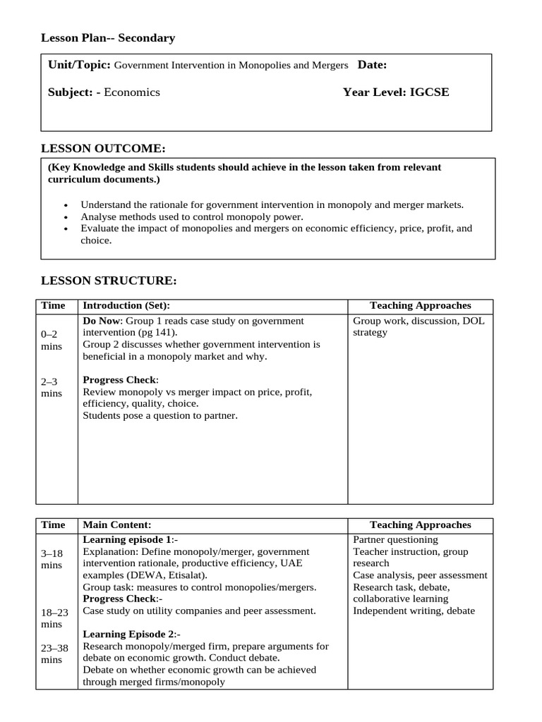Lesson Plan - Monopolies and Mergers | PDF | Educational Assessment ...