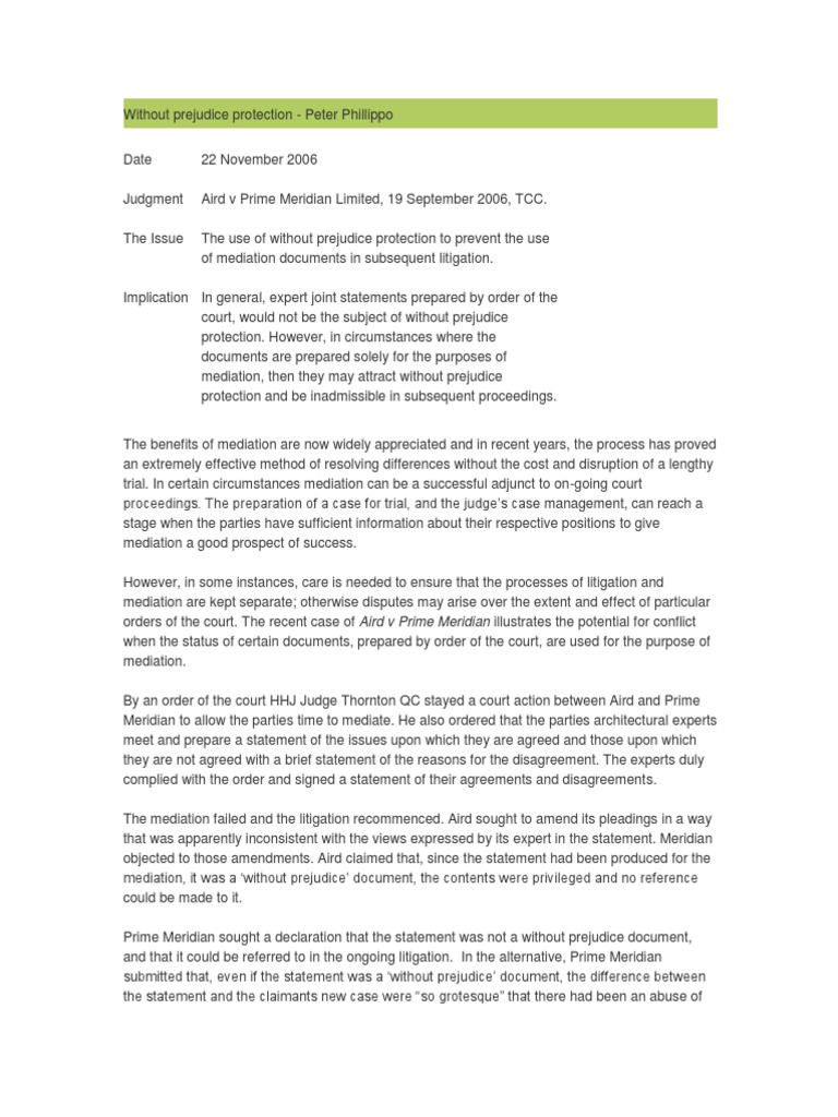 Without Prejudice Protection | Mediation | Prejudice (Legal Term)