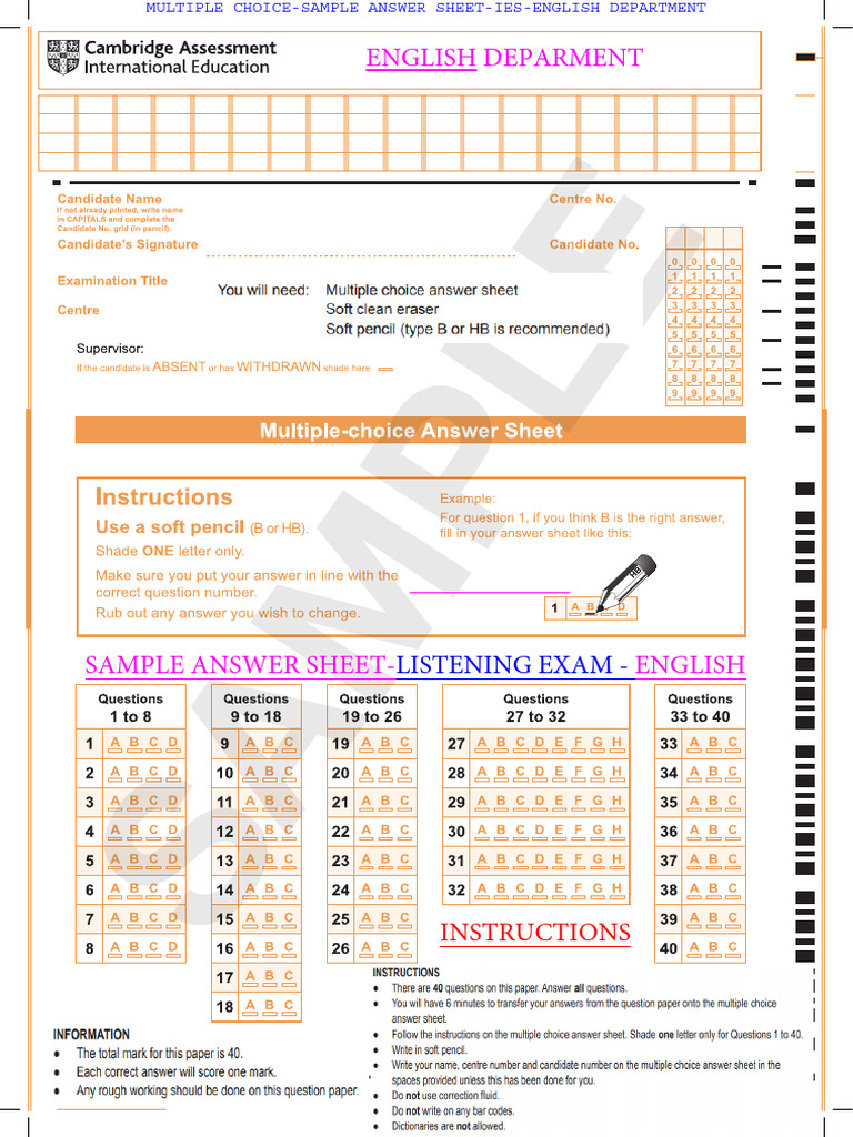 Sample Listening Exam Answer Sheet | PDF