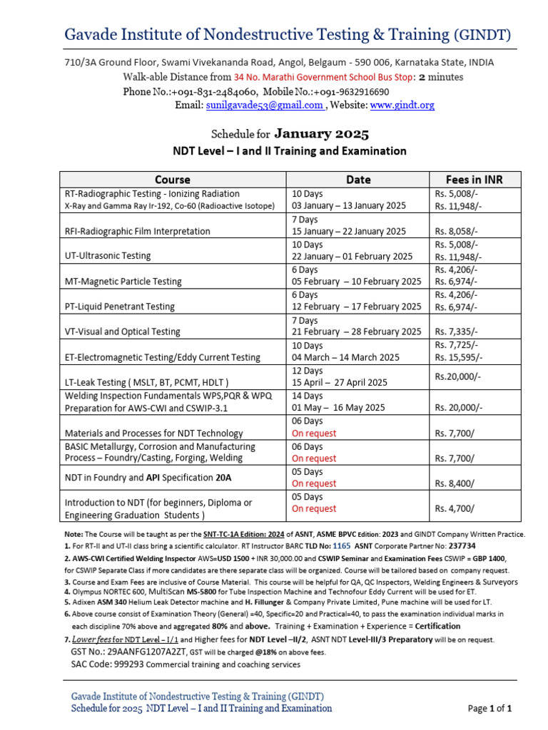 NDT Training Schedule January 2025 | PDF | Nondestructive Testing ...