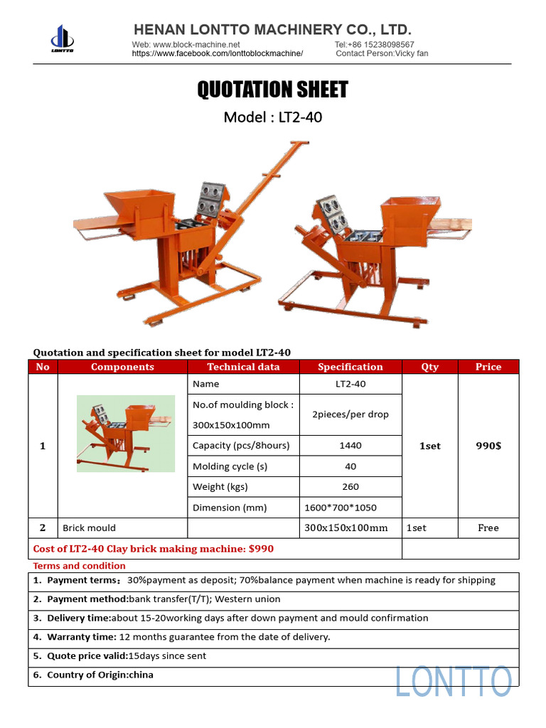 LT2-40 Clay Brick Machine Quotation | PDF | Brick | Building Materials